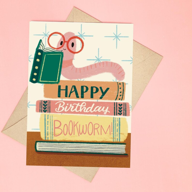 Happy Birthday Bookworm Card, Illustrated Books (blank Inside) - Etsy