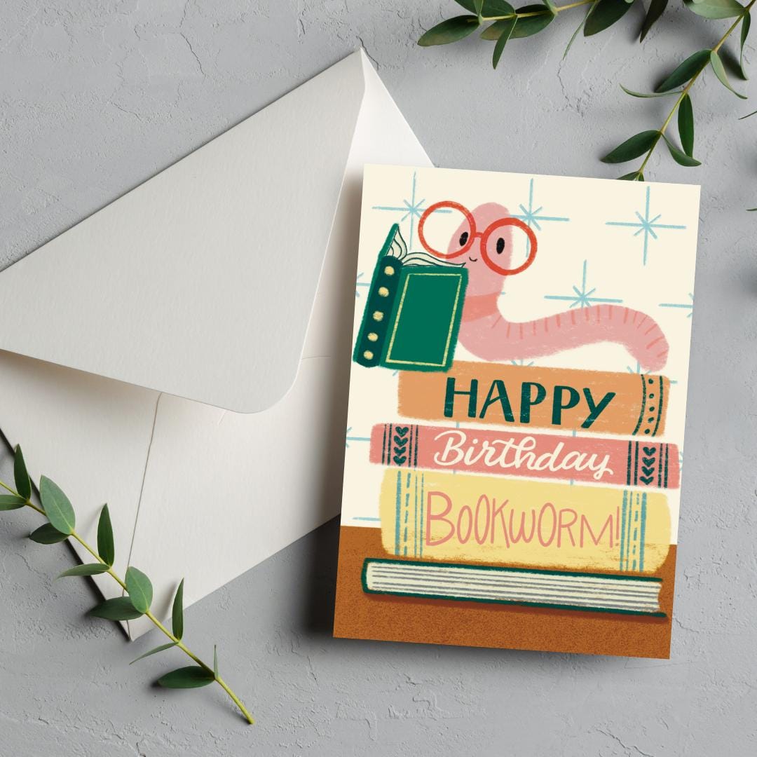 Happy Birthday Bookworm Card, Illustrated Books (blank Inside) - Etsy