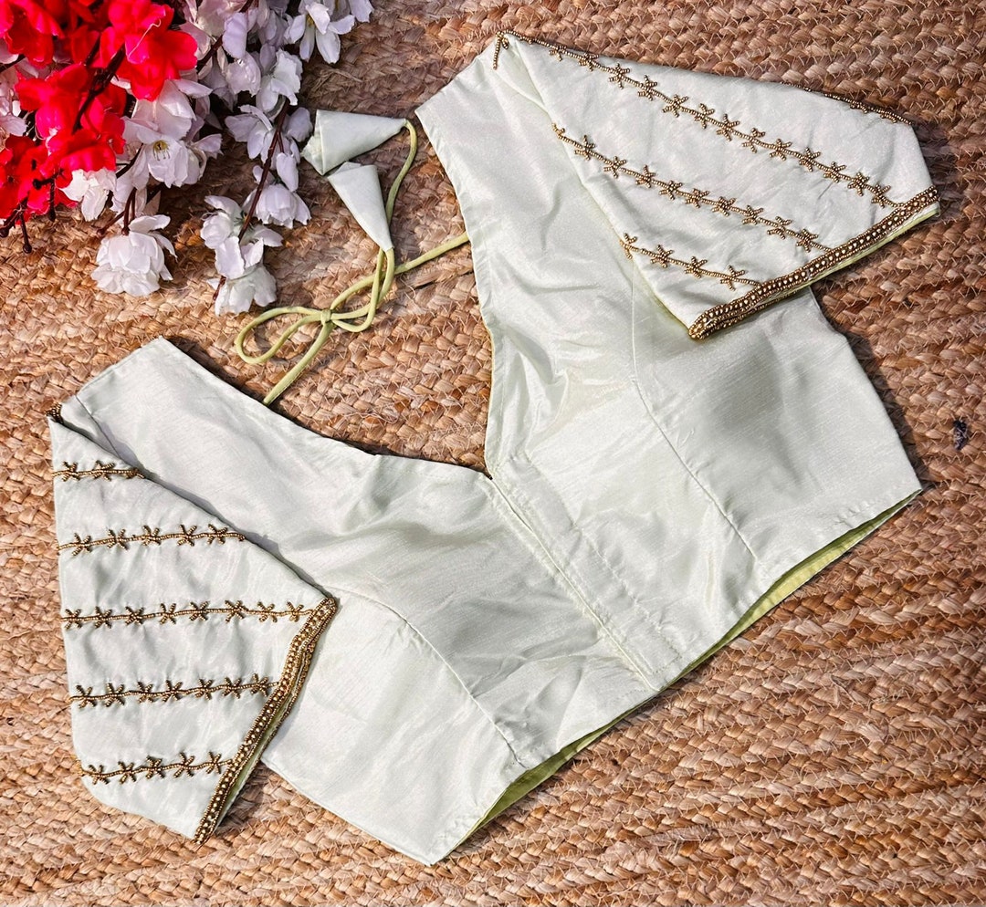 Stitched Saree Blouse Mirror Work and Golden Pearl Handwork Silk ...