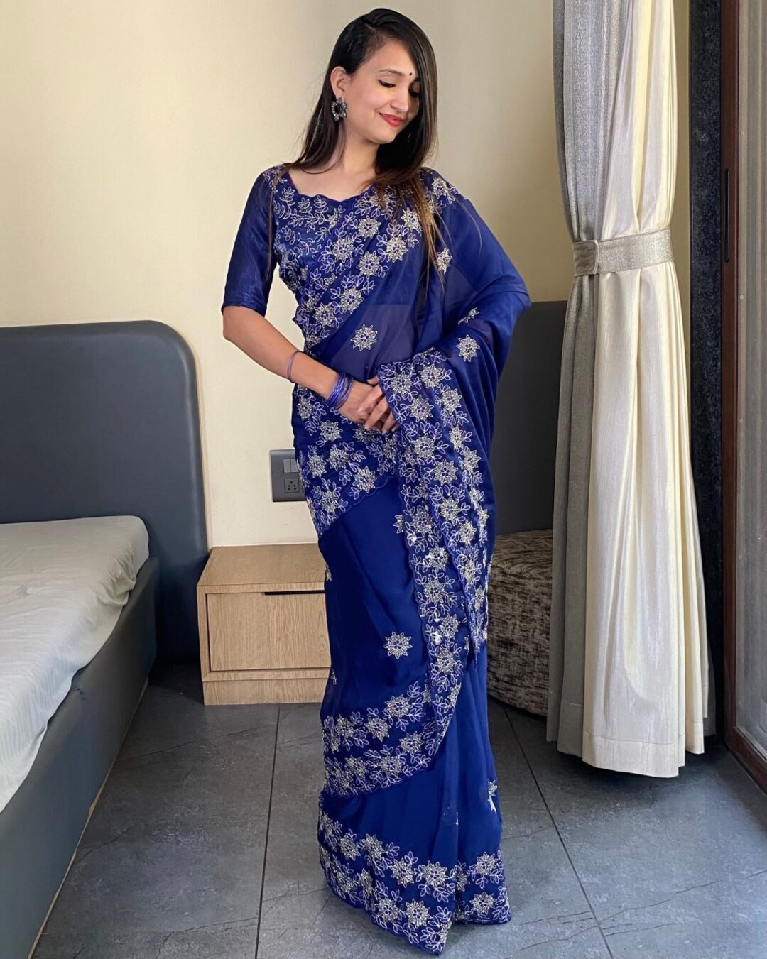 Pre-stitched Blue Saree-sequence Cut Work Saree-partywear Saree-wedding ...