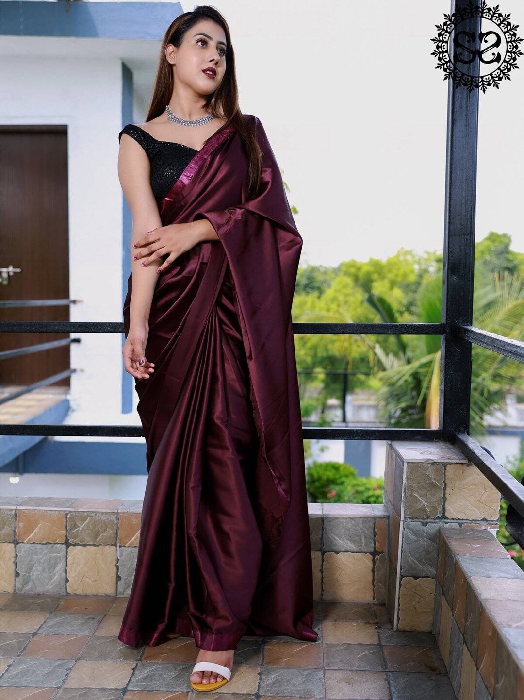 Pre-stitched Partywear Sareewedding Sareesatin Silk Sareeplain Saree ...