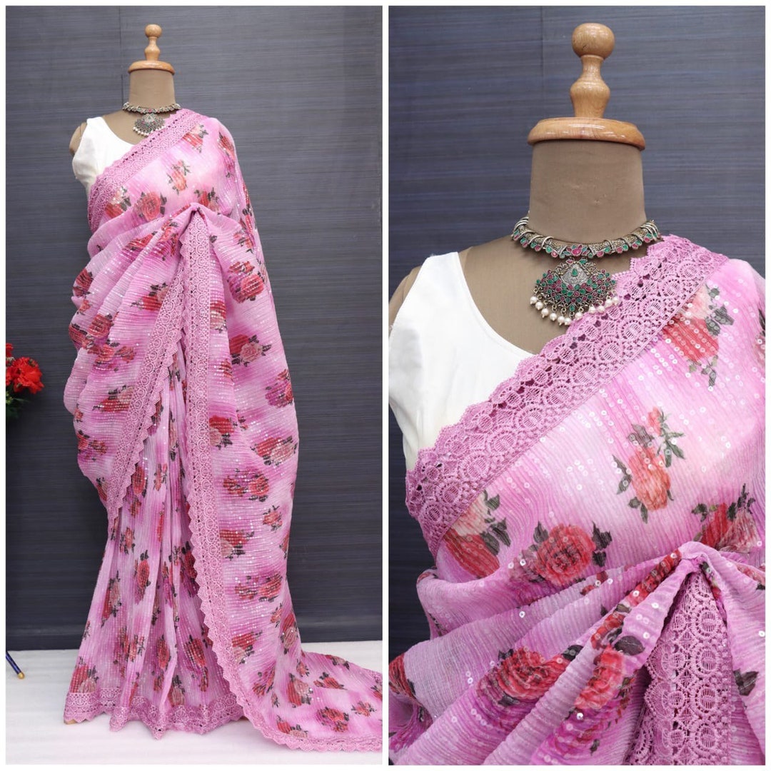 Designer Saree for Wedding With Floral Print & Embroidery Work - Etsy