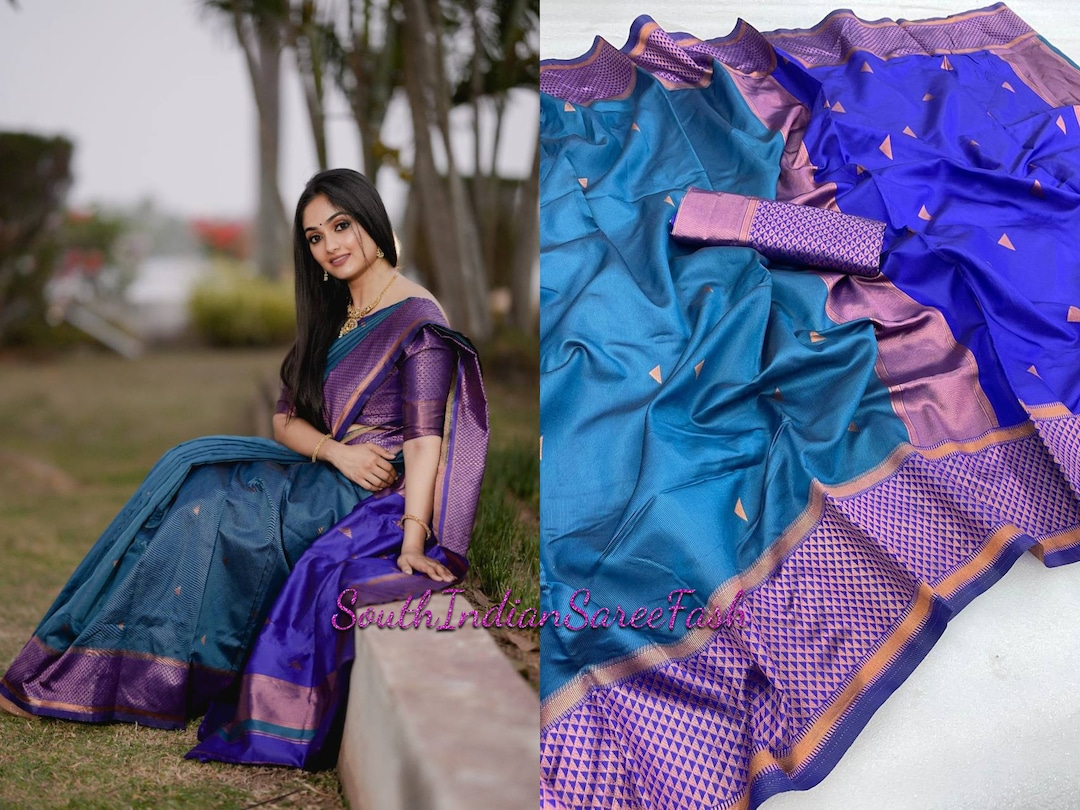 Etsy Pick Blue Color Kanchipuram Silk Saree for Women Wedding Partywear ...