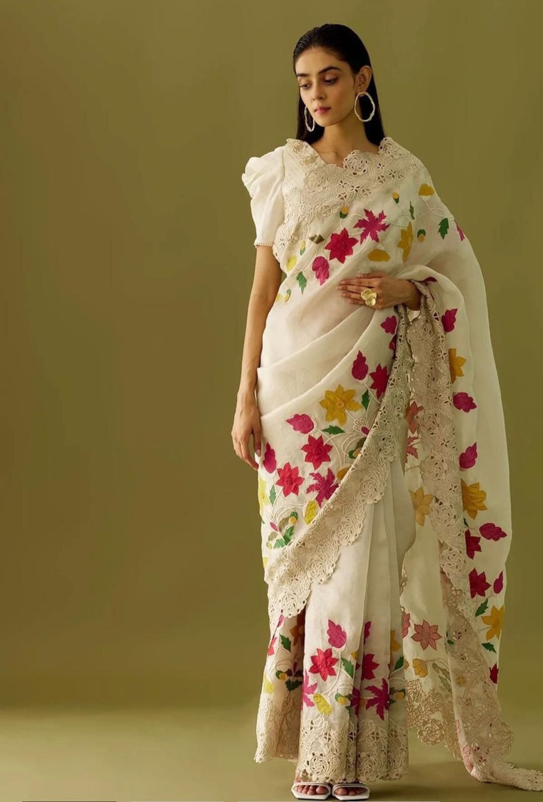 White Organza Saree for Wedding With Sequin Embroidery Work ...