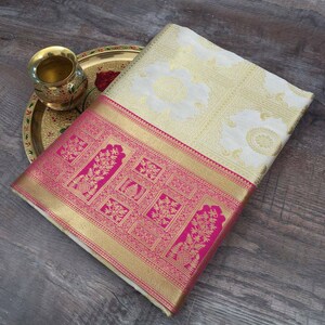 Off White Traditional Kanchipuram Soft Silk Weaving Work Saree - Etsy