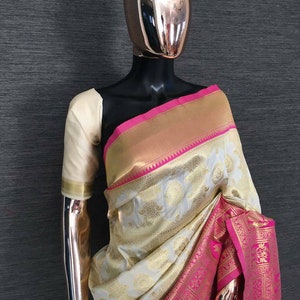 Off White Traditional Kanchipuram Soft Silk Weaving Work Saree - Etsy