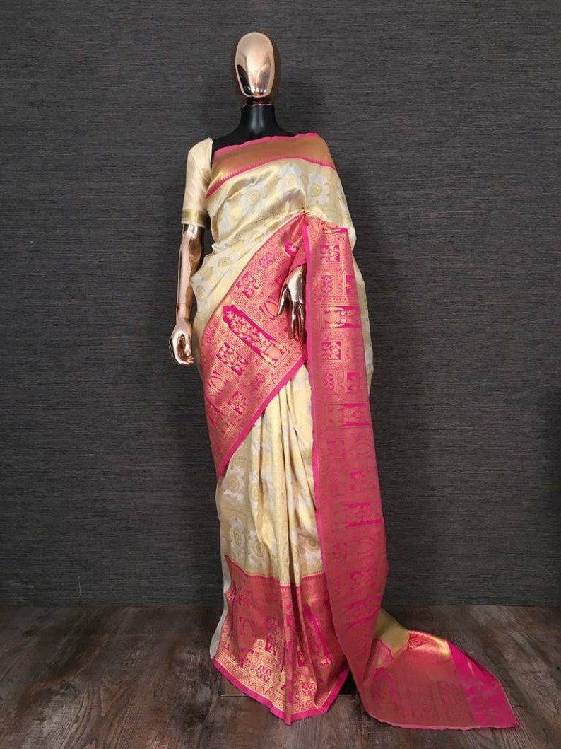 Off White Traditional Kanchipuram Soft Silk Weaving Work Saree | Etsy