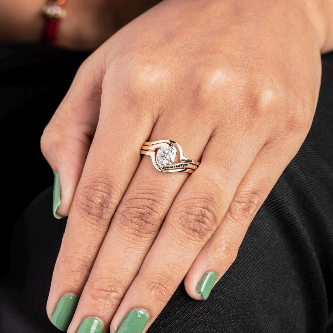 Swirl Bypass Bridal Ring Set, Engagement Ring Set, Solitaire Round ...