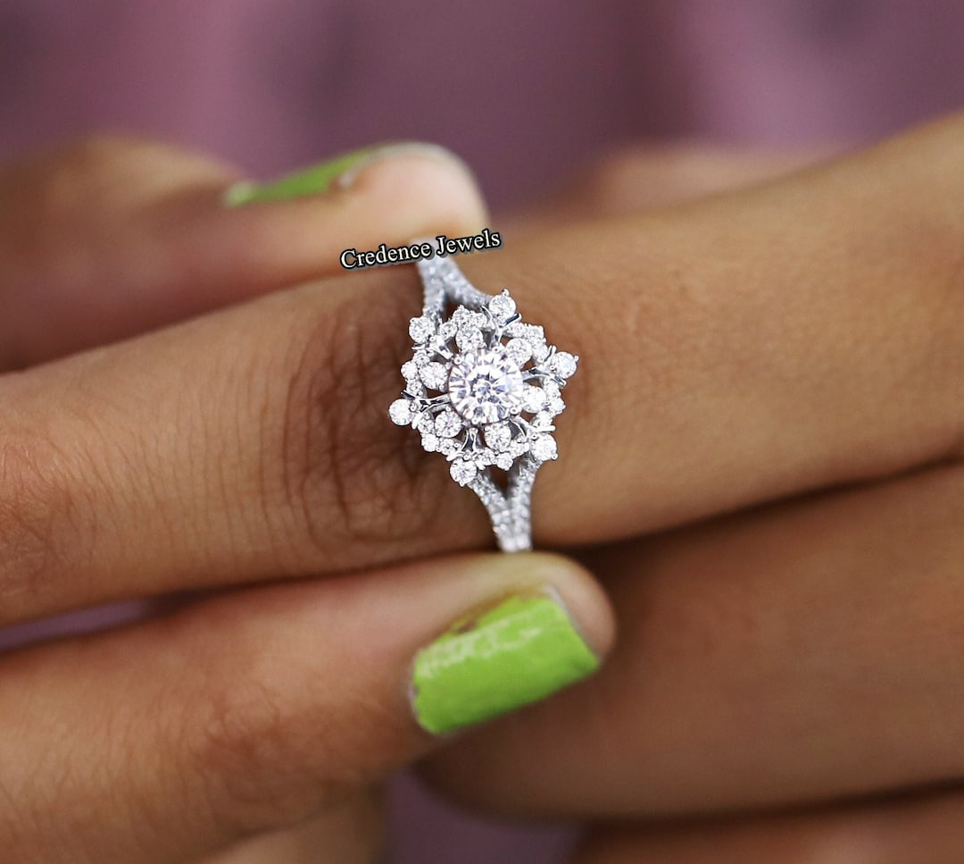 Snowflake Ring, Enchanted Disney Elsa Ring, Round Moissanite Ring, Engagement Ring, Split Shank ...