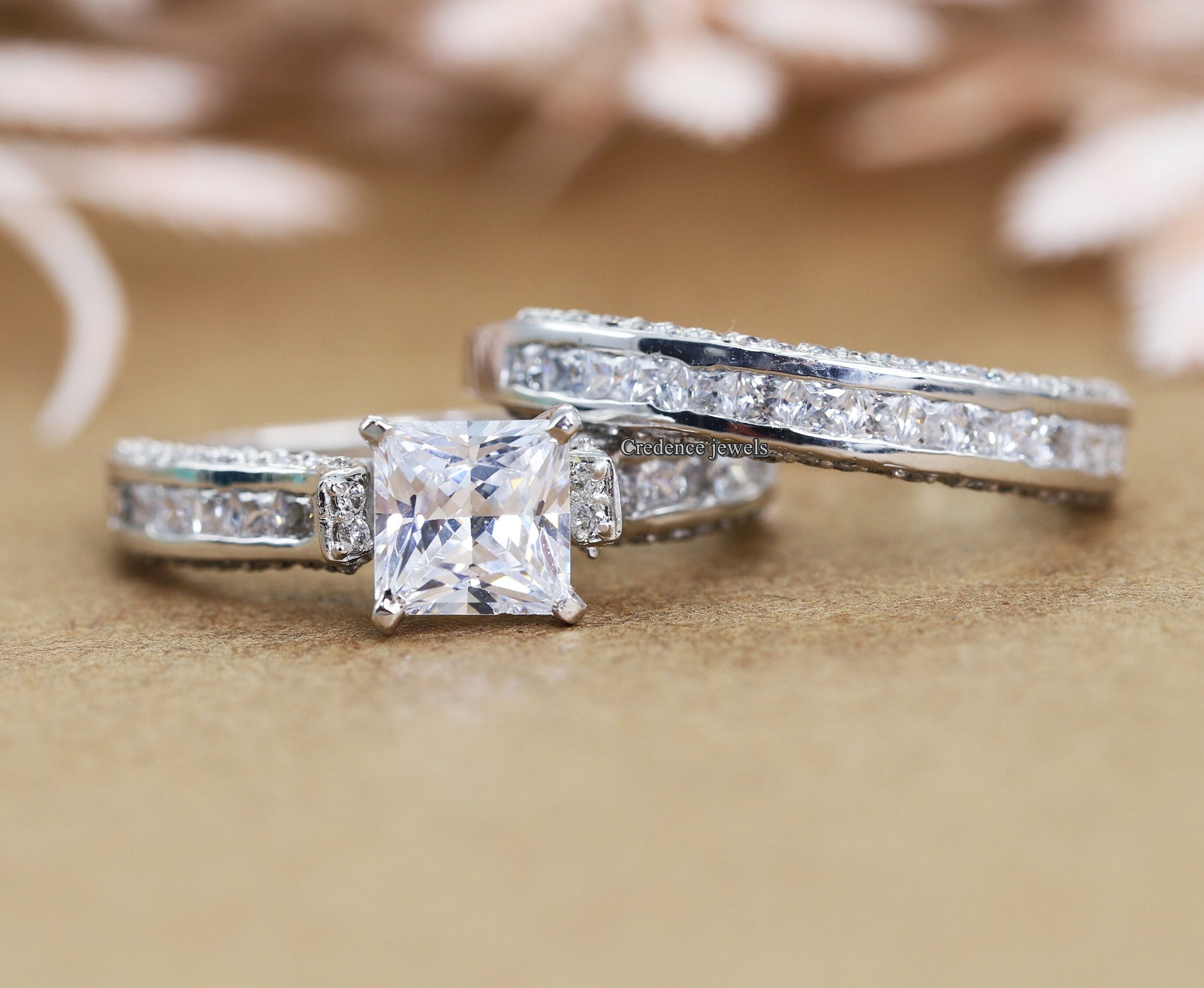 Princess Cut Ring Set Channel Set Bridal Ring Set Solitaire - Etsy