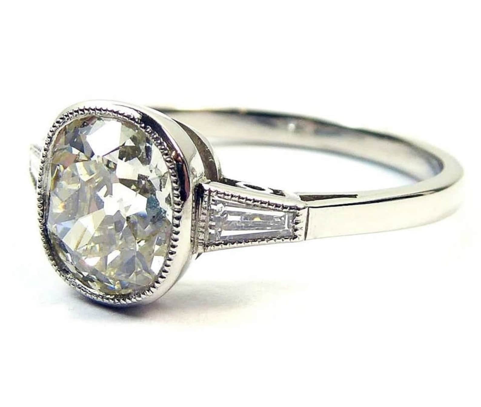 Three Stone Ring, Milgrain Bezel Set Ring, 3CT Old Mine Cushion Cut ...