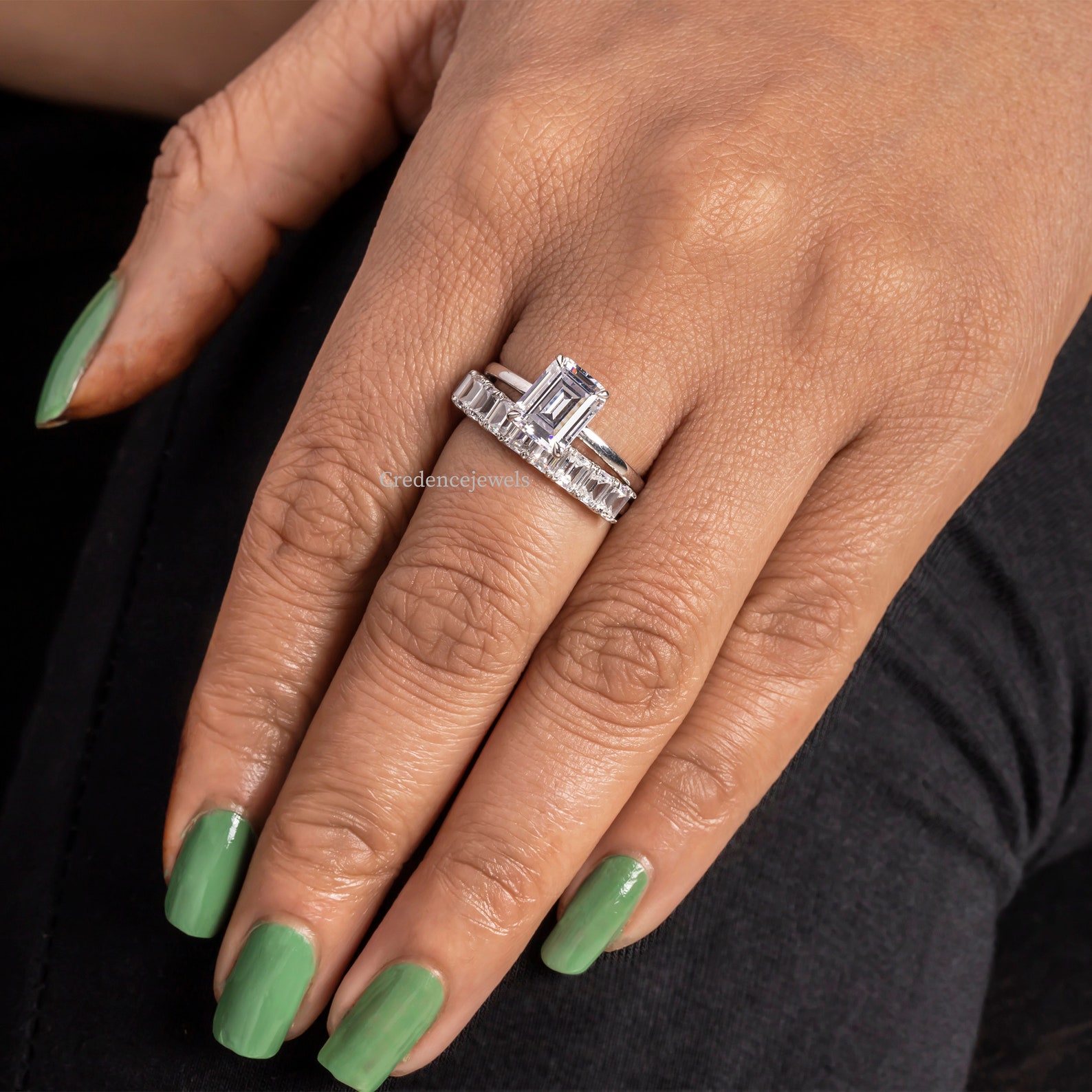 Bridal Ring Sets Solitaire Emerald Cut Moissanite Engagement - Etsy