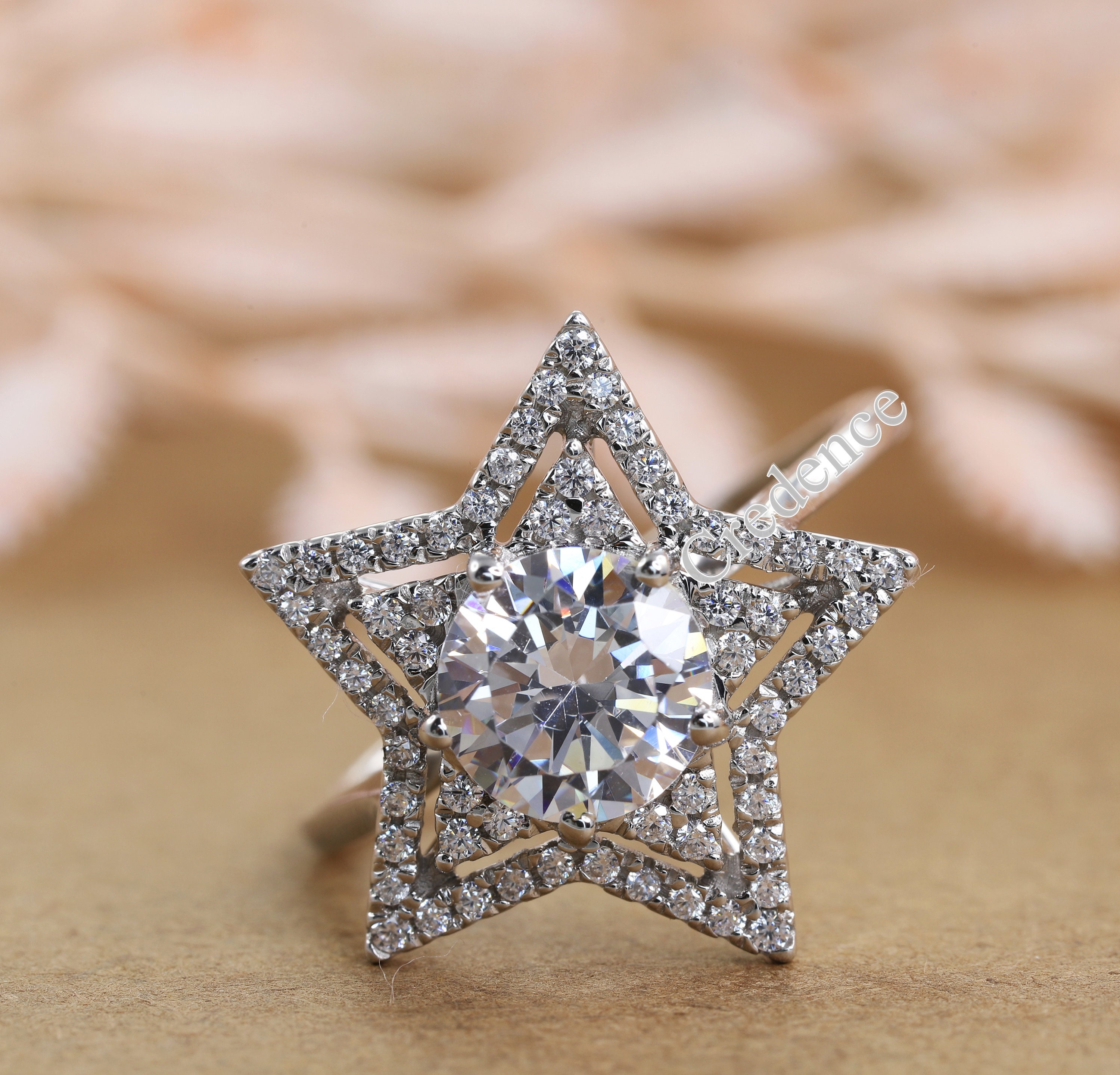 Star Shape Halo Diamond Ring Engagement Wedding Unique Ring - Etsy