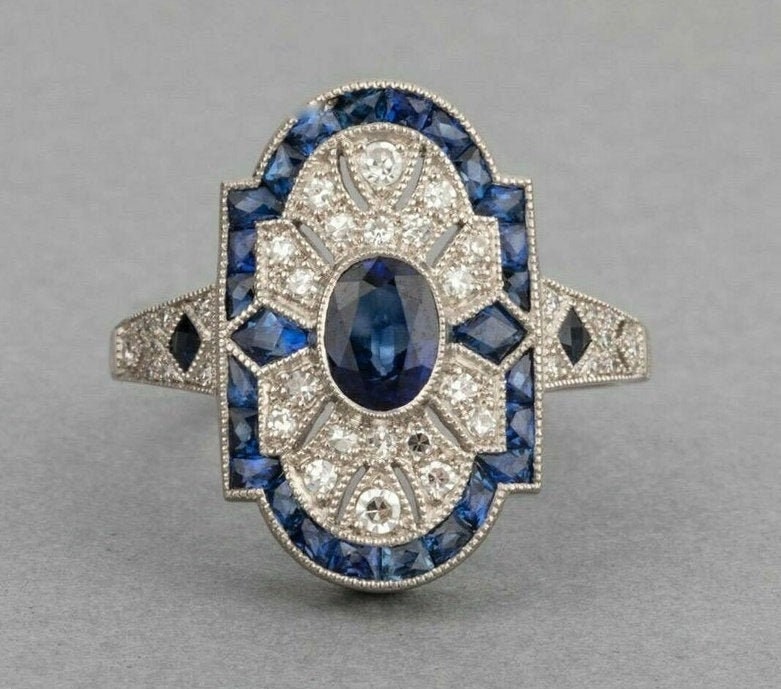 Vintage Art Deco Ring Blue Sapphire Diamond Engagement | Etsy