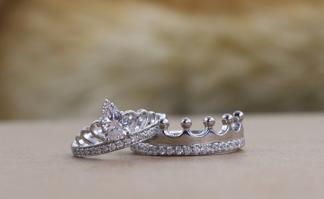 King and Queen Ring, White Moissanite King Queen Ring, Crown Couple ...