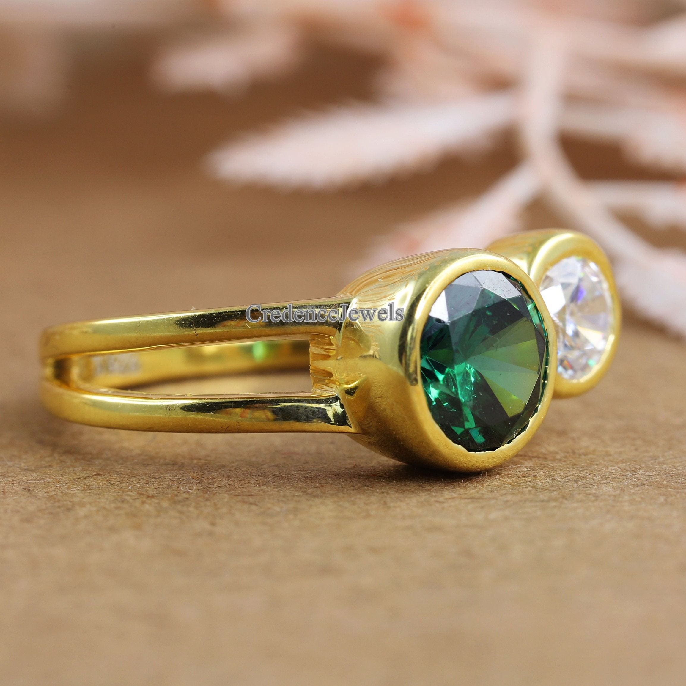 Two Stone Ring, Bezel Set Ring, Engagement Wedding Ring, Toi Et Moi ...