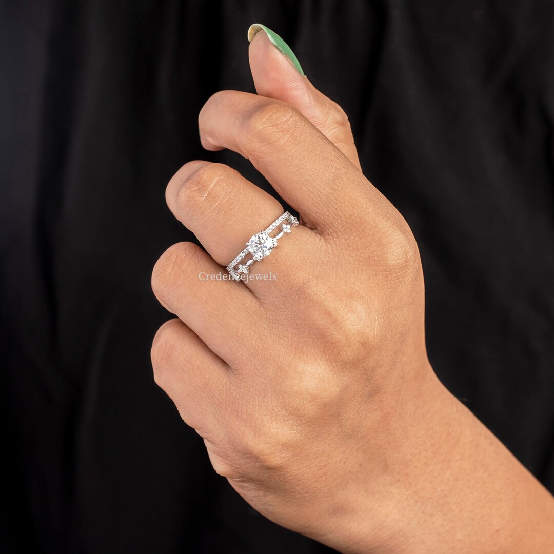 Double Shank Ring, Engagement Ring, Double Row Moissanite Band, Round ...