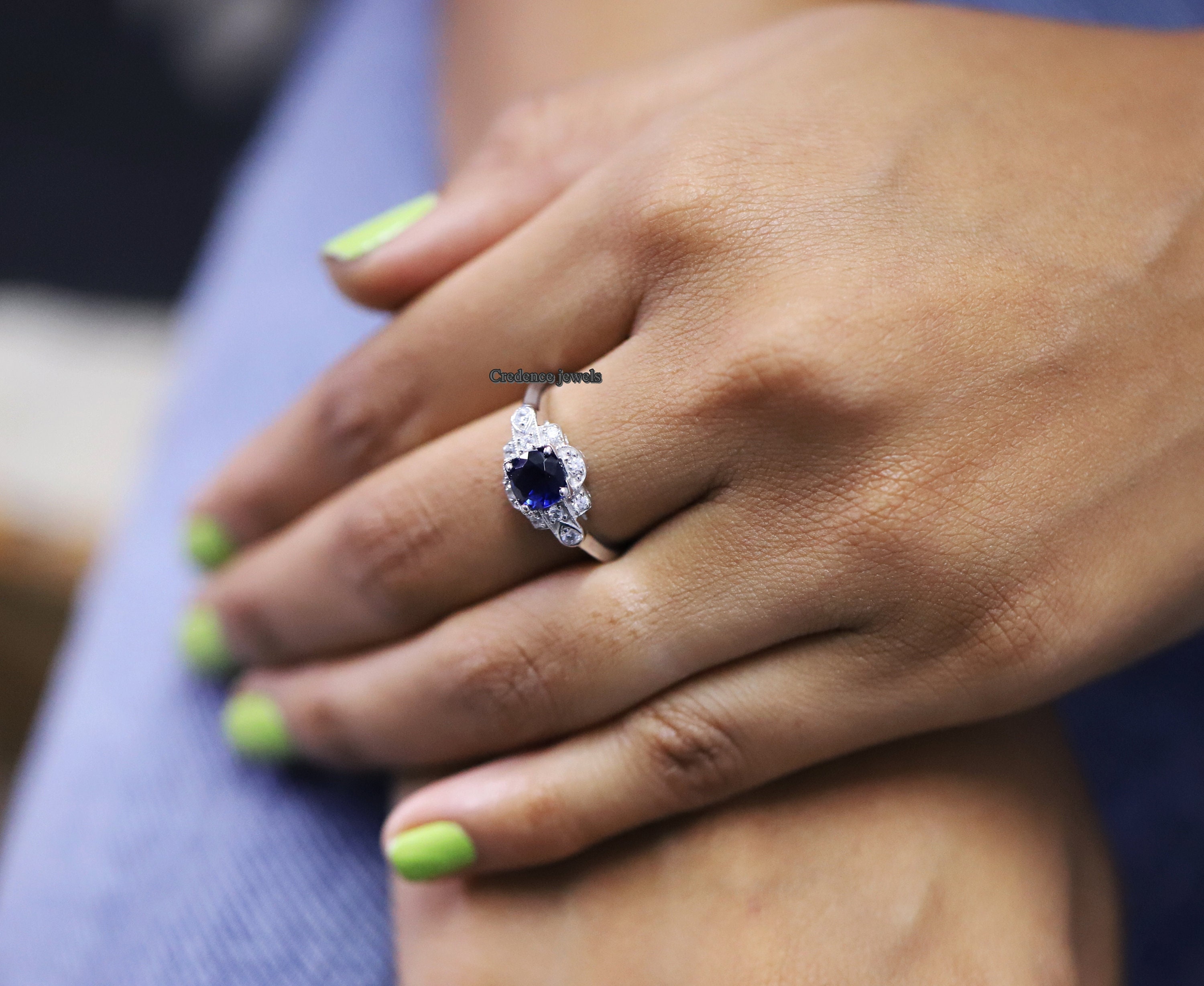 Round Blue Sapphire Ring, Vintage Style Art Deco Ring, Engagement Ring ...
