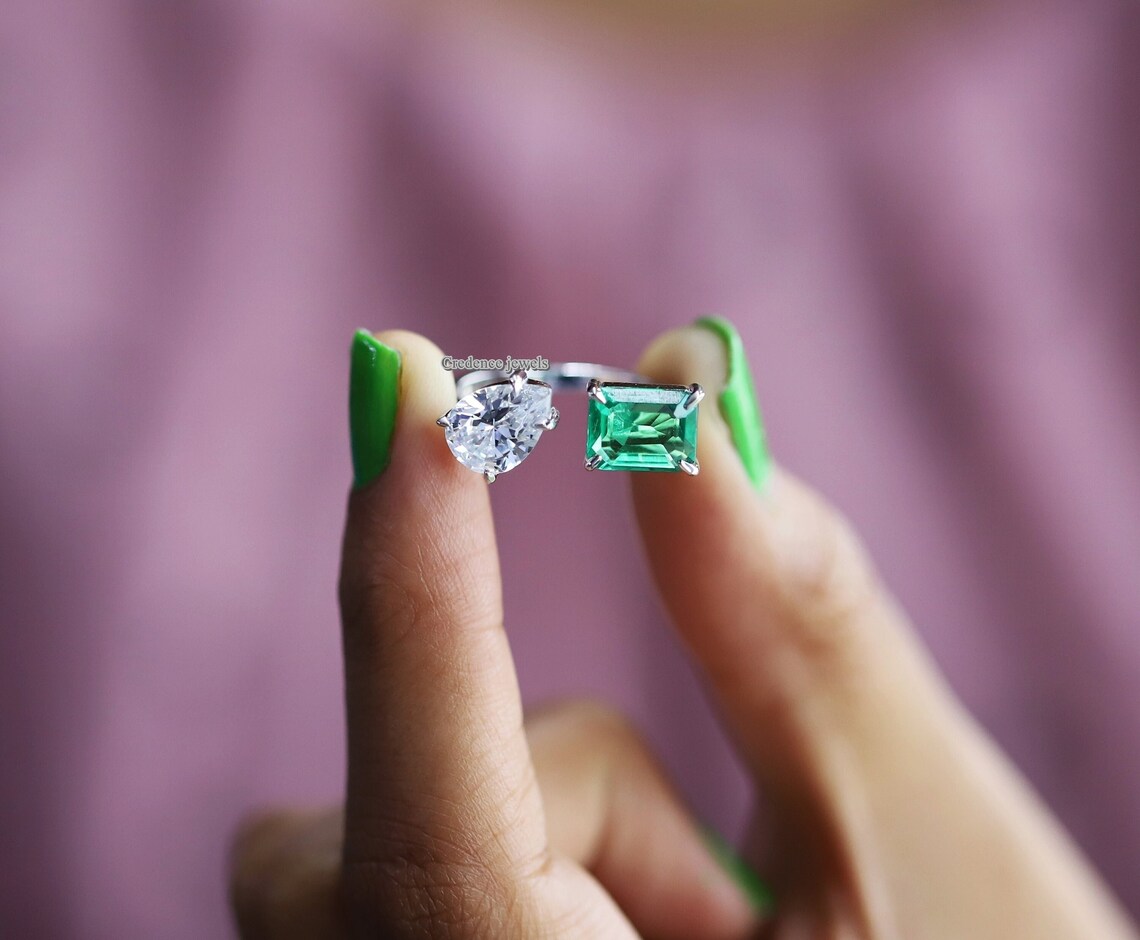 Two Stone Engagement Ring, Open Adjustable Ring, Pear & Emerald Cut ...