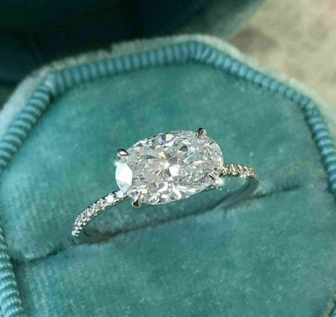 East West Oval Diamond Ring Claw Prong Set Engagement Ring 3 | Etsy
