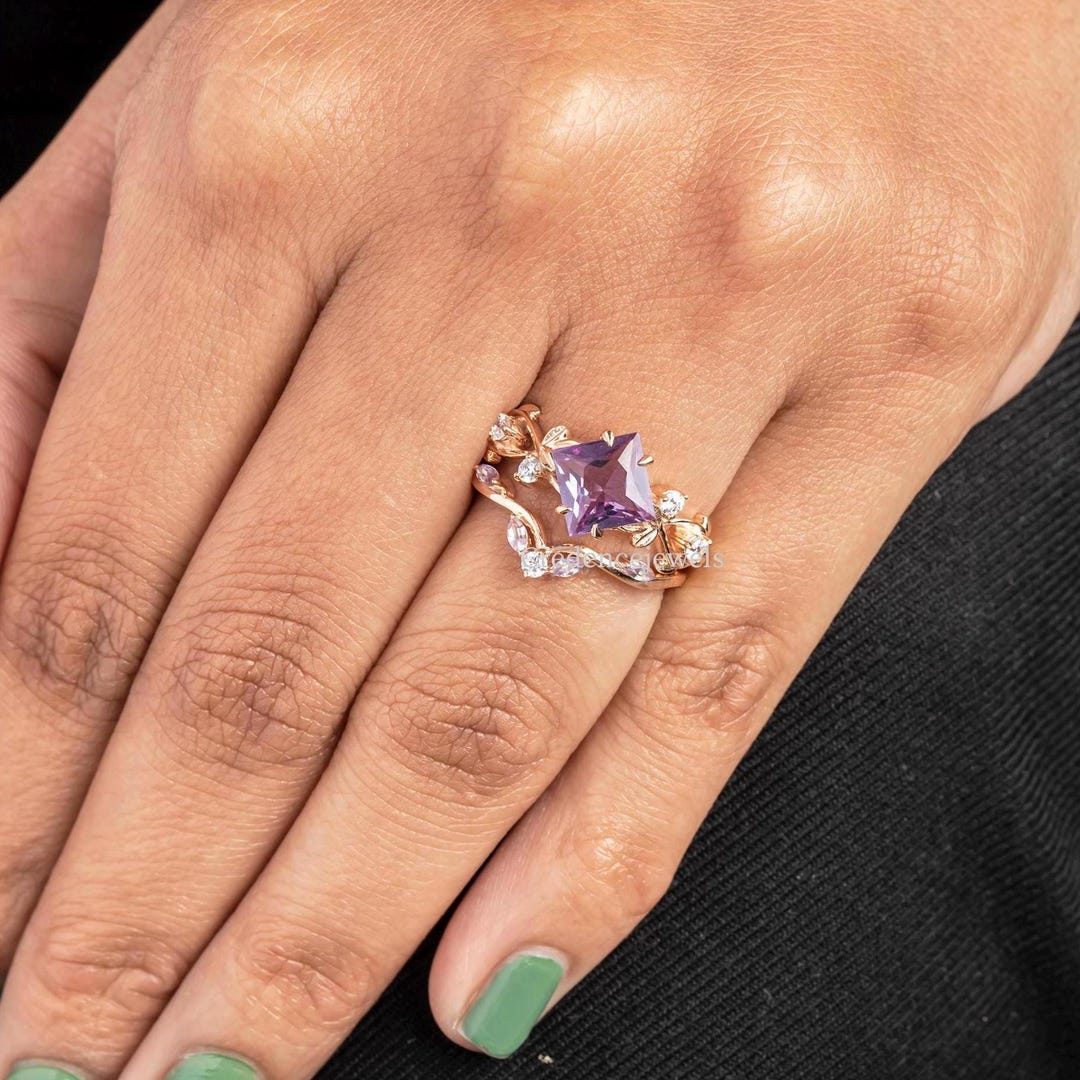 Amethyst Princess Cut Diamond Engagement Ring Set, 14krose Gold Five ...