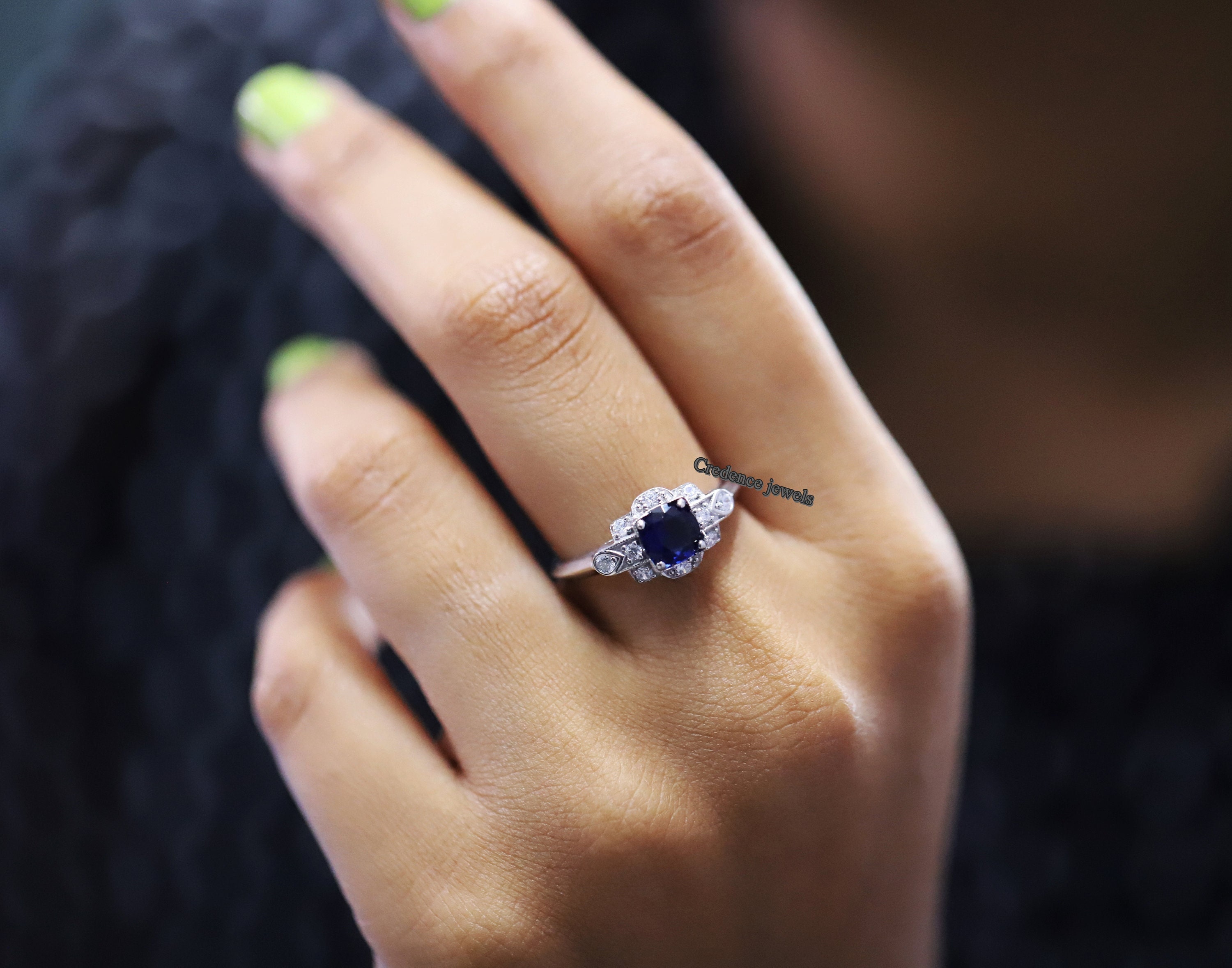 Round Blue Sapphire Ring, Vintage Style Art Deco Ring, Engagement Ring ...