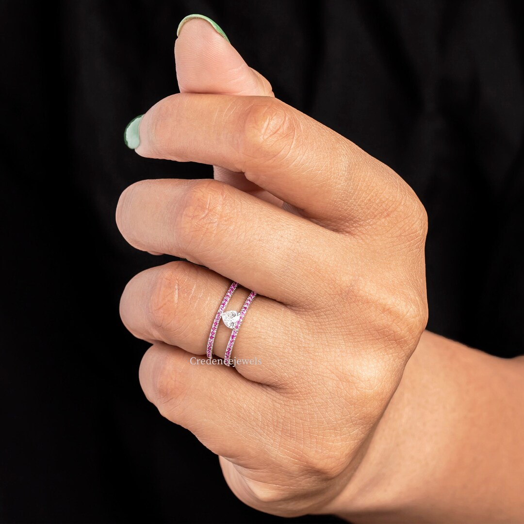 Two Row Diamond Band, Heart Shape Moissanite Ring, Pink Gemstone Band ...