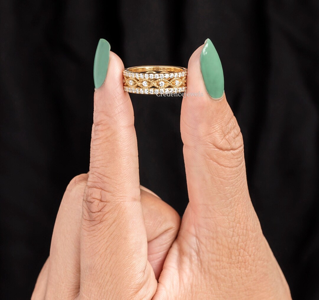 Three Row Full Eternity Wedding Band, Infinity Moissanite Band, Vintage ...