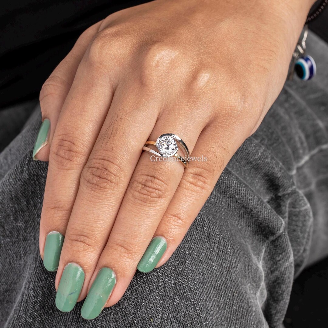 Swirl Bypass Diamond Ring, Two-tone Ring, 2CT Round Moissanite ...