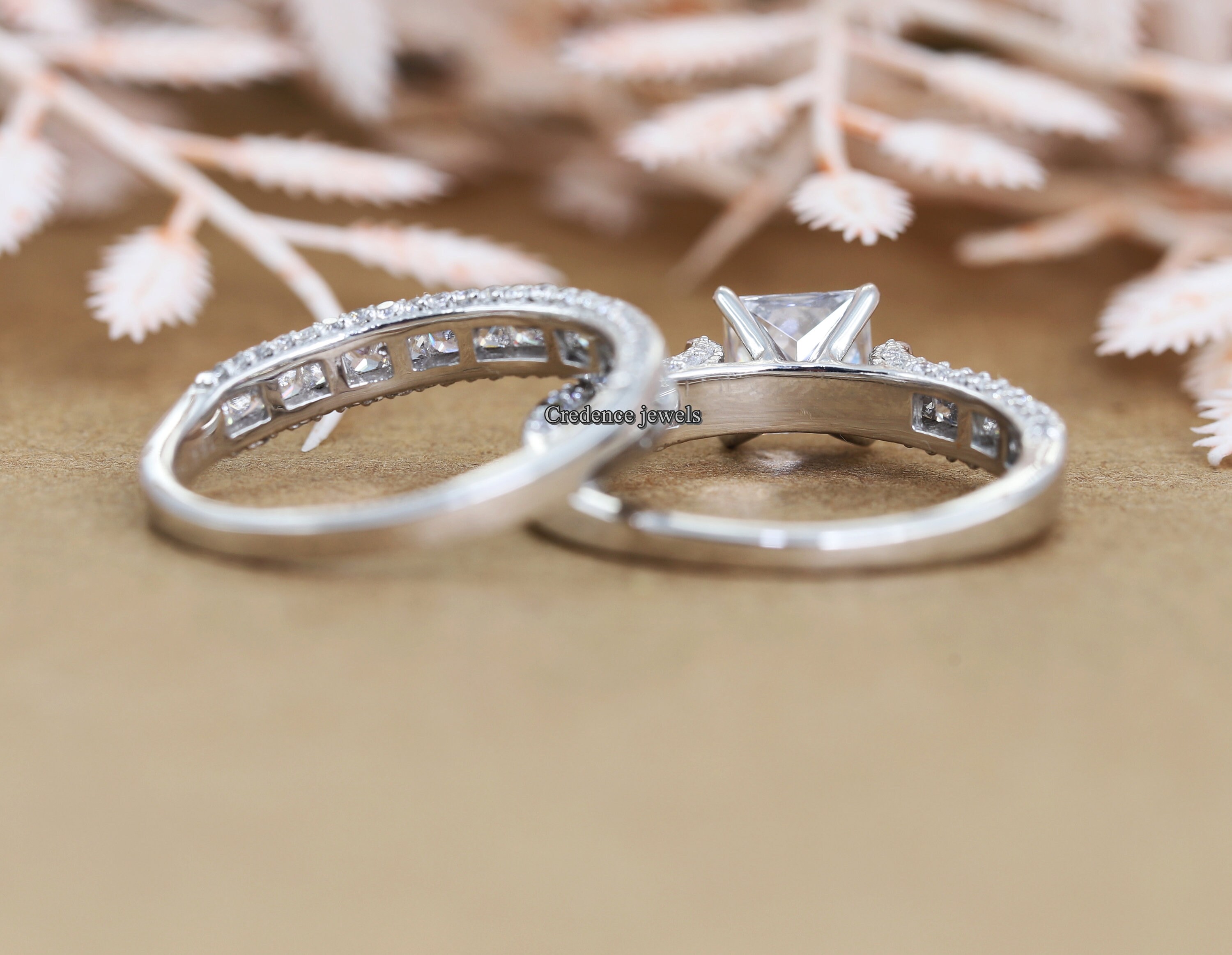 Princess Cut Ring Set Channel Set Bridal Ring Set Solitaire - Etsy