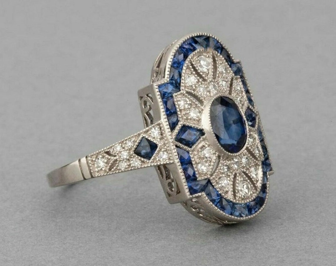 Vintage Art Deco Ring Blue Sapphire Diamond Engagement | Etsy