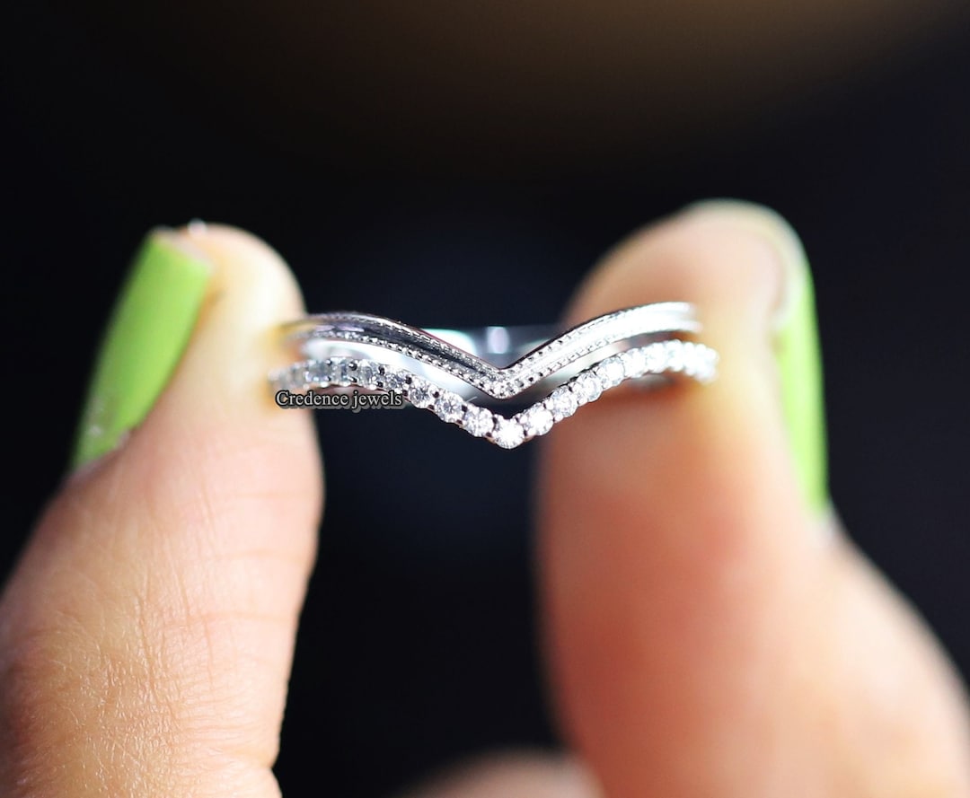 Nesting Band, Chevron Stacking Band, Two-row Curved Wedding Band, Two ...