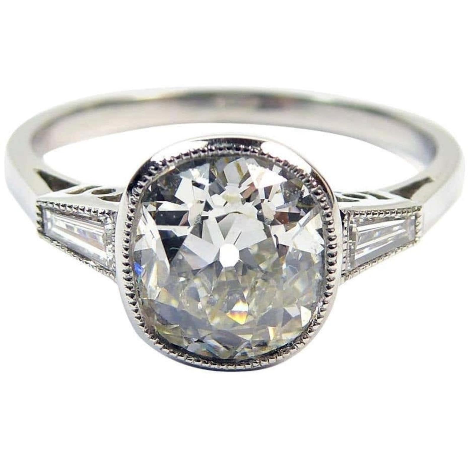 Three Stone Ring, Milgrain Bezel Set Ring, 3CT Old Mine Cushion Cut ...