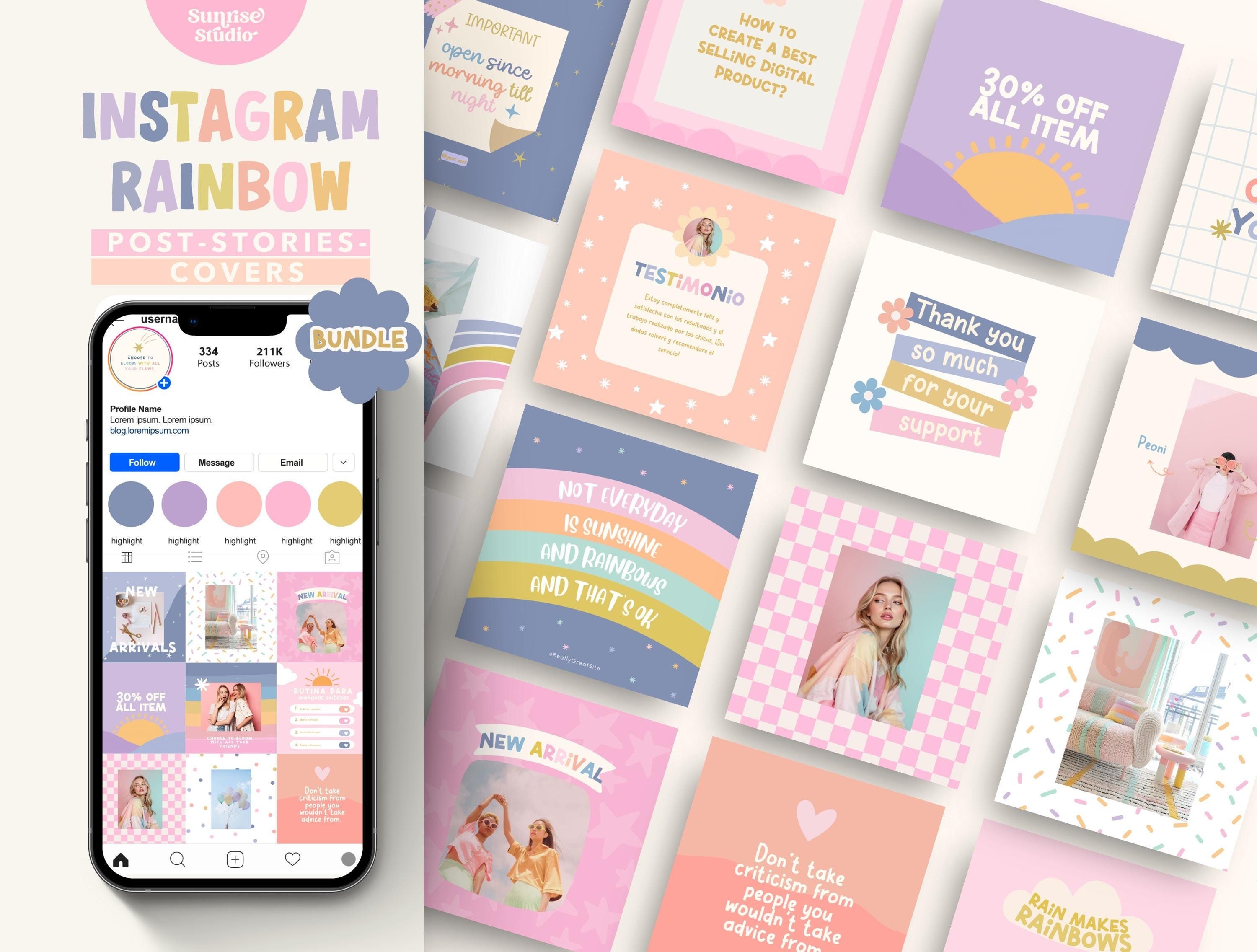 Rainbow Instagram Template Bundle - Engagement Designed - Colorful Feed ...