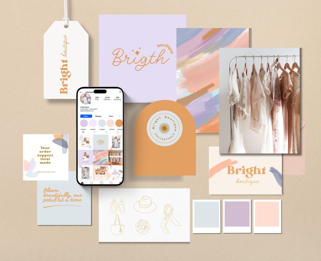 Boho Boutique Branding Kit: Pastel Logos, Stickers, Instagram Templates ...