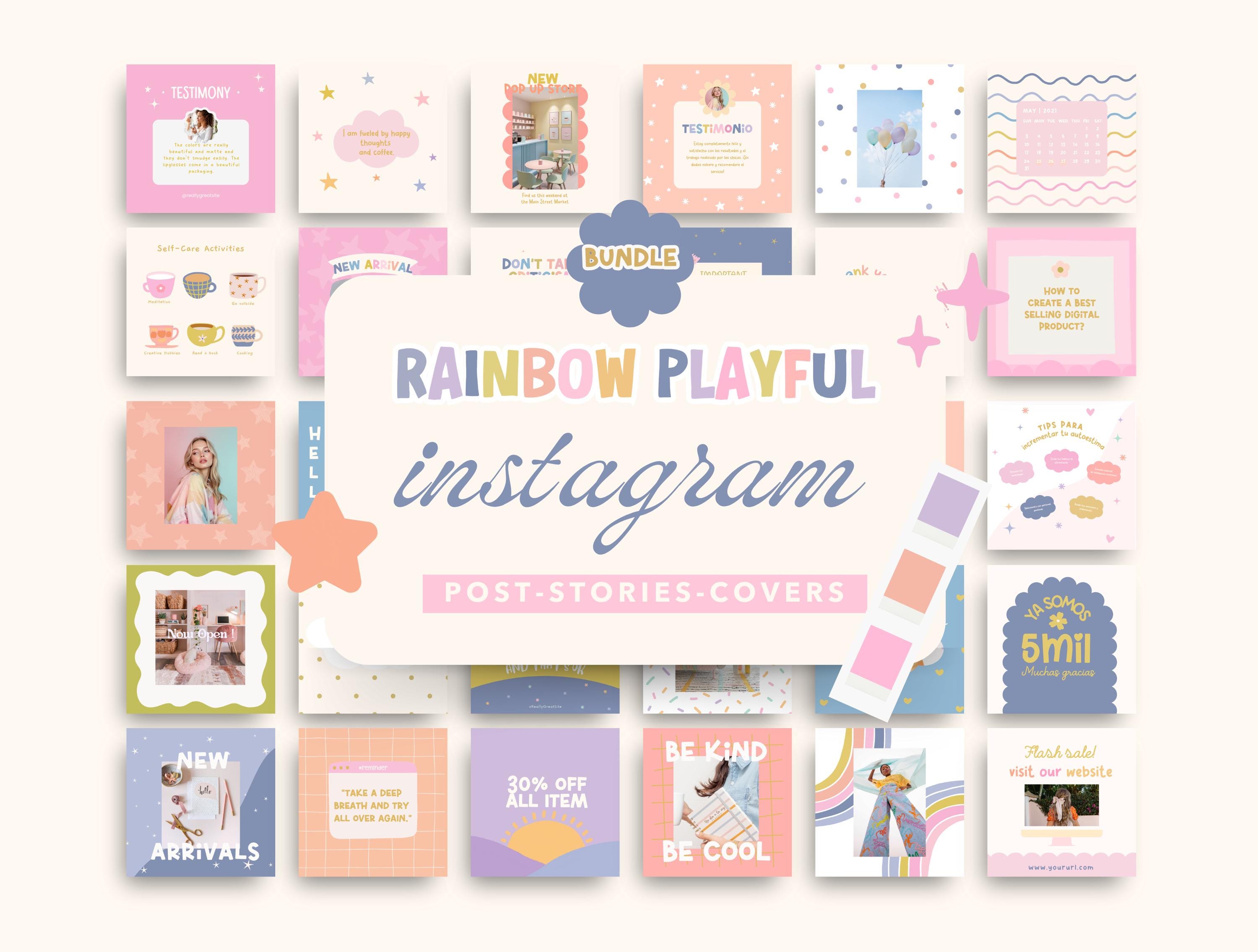 Rainbow Instagram Template Bundle - Engagement Designed - Colorful Feed ...