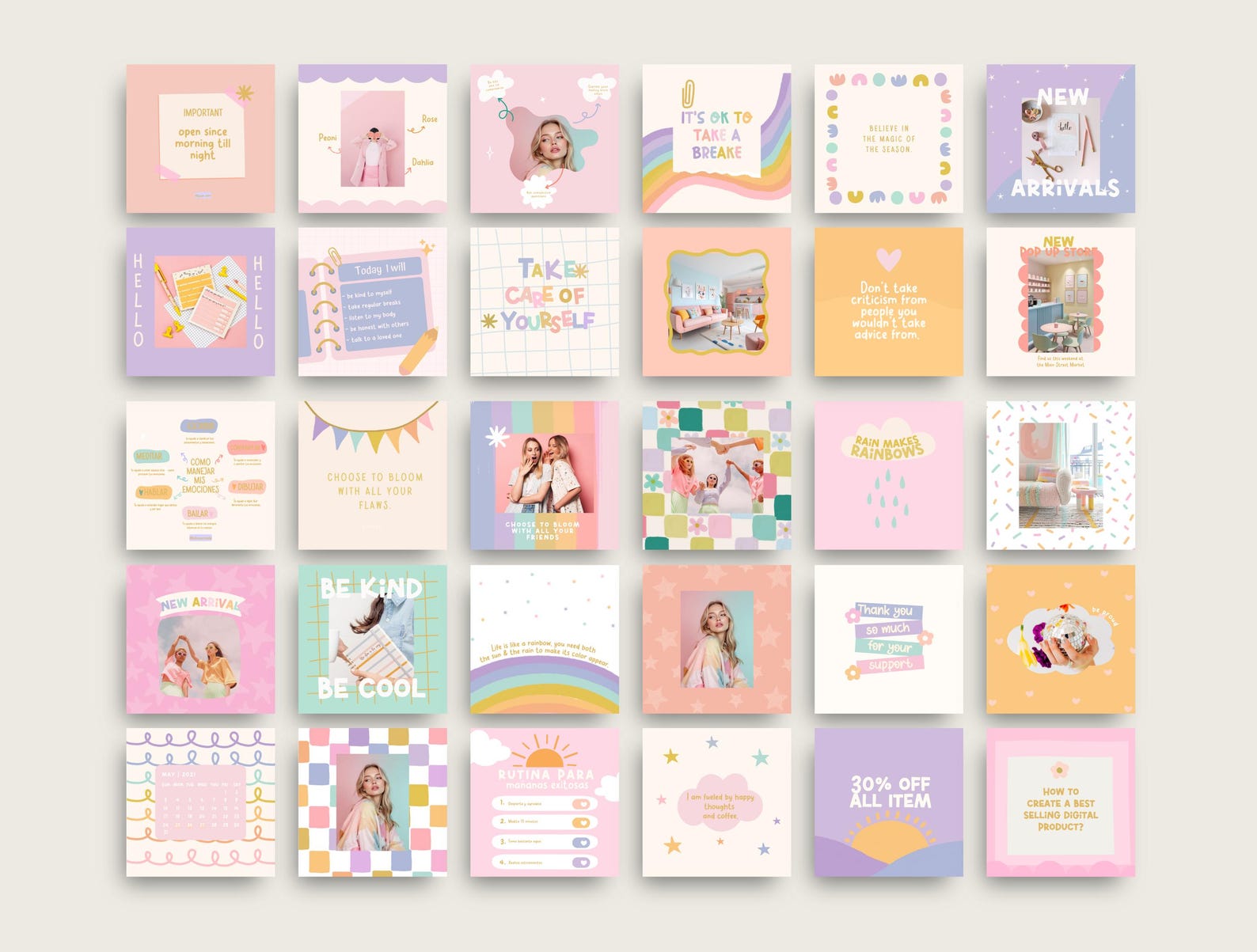 Cute Pastel Rainbow Instagram Template Bundle - Engagement Designed ...