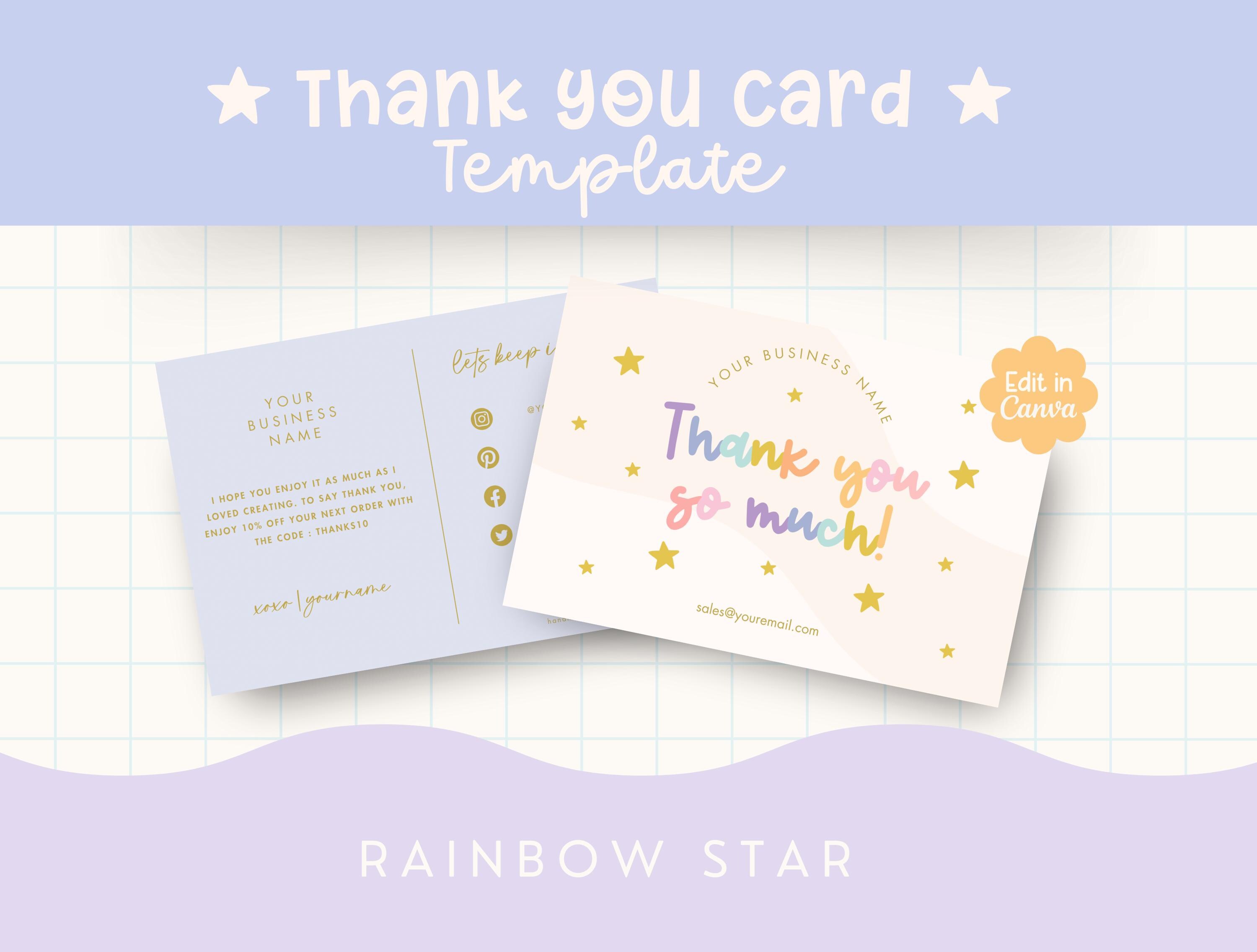 Rainbow Star Thank You Card Template: Editable Small Business Design ...