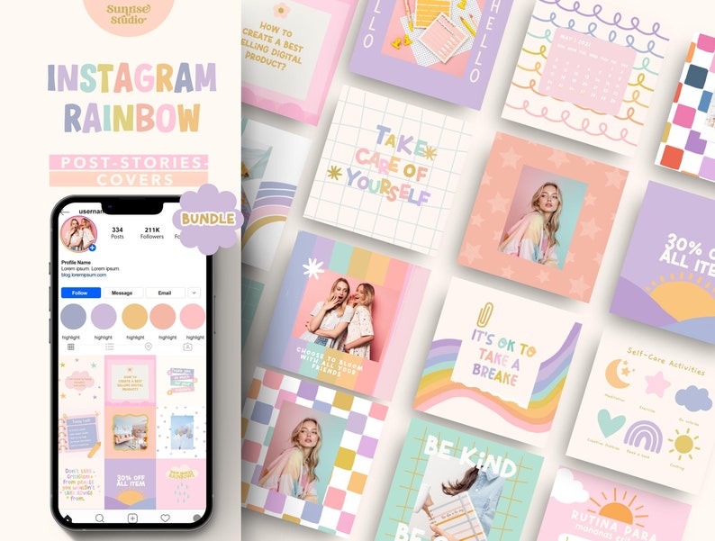 Cute Pastel Rainbow Instagram Template Bundle - Engagement Designed ...
