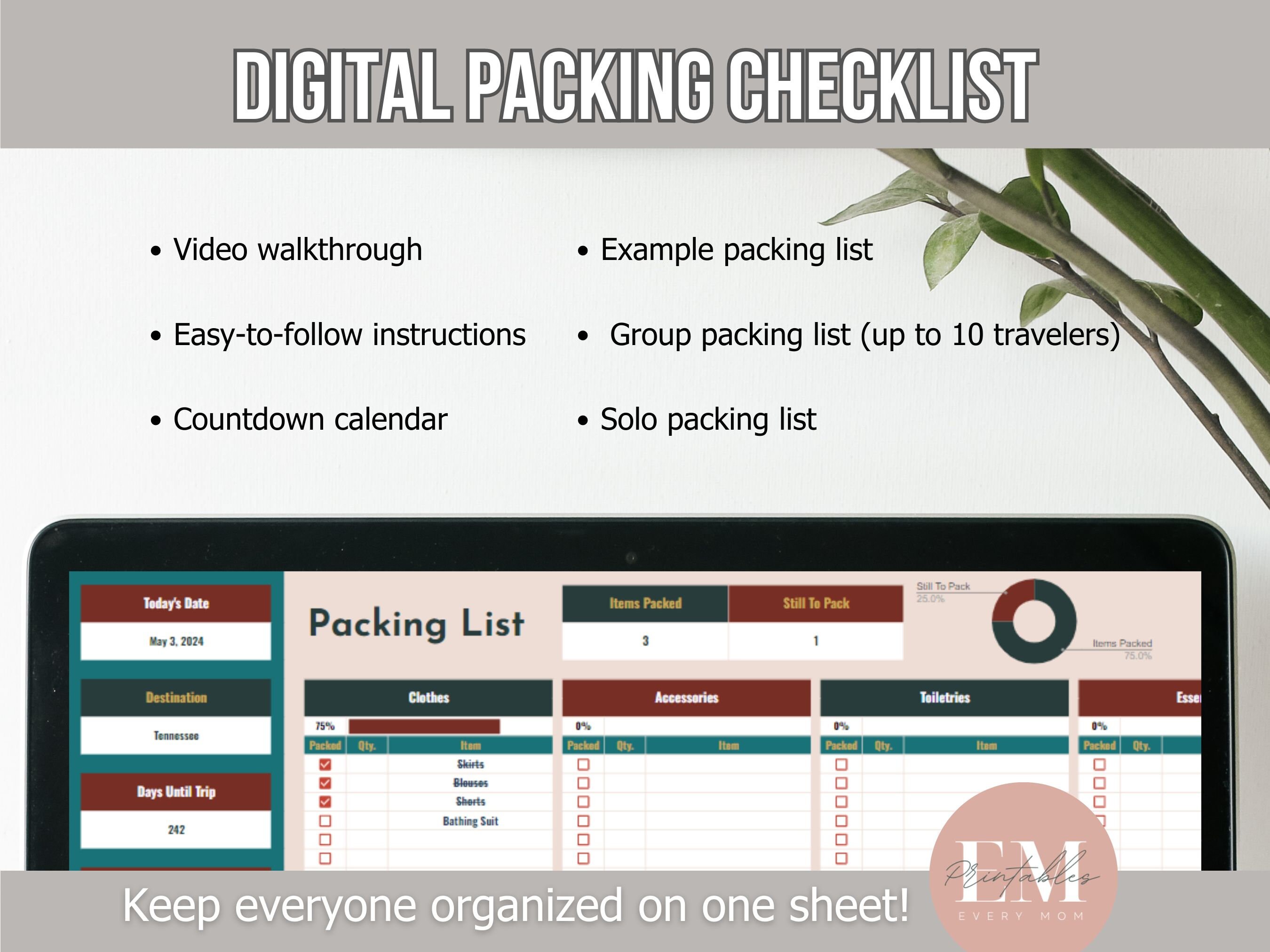Google Sheets Packing Checklist Spreadsheet, Digital Packing List ...