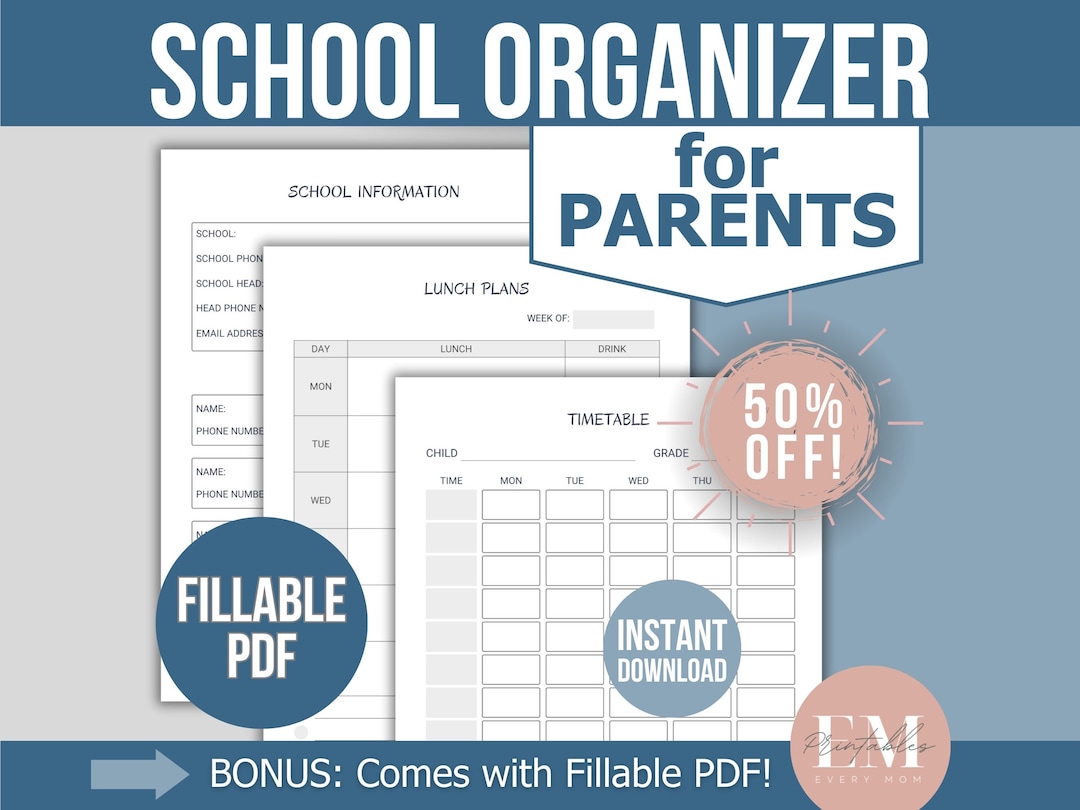School Organizer for Parents W/ Fillable PDF Back to School School ...
