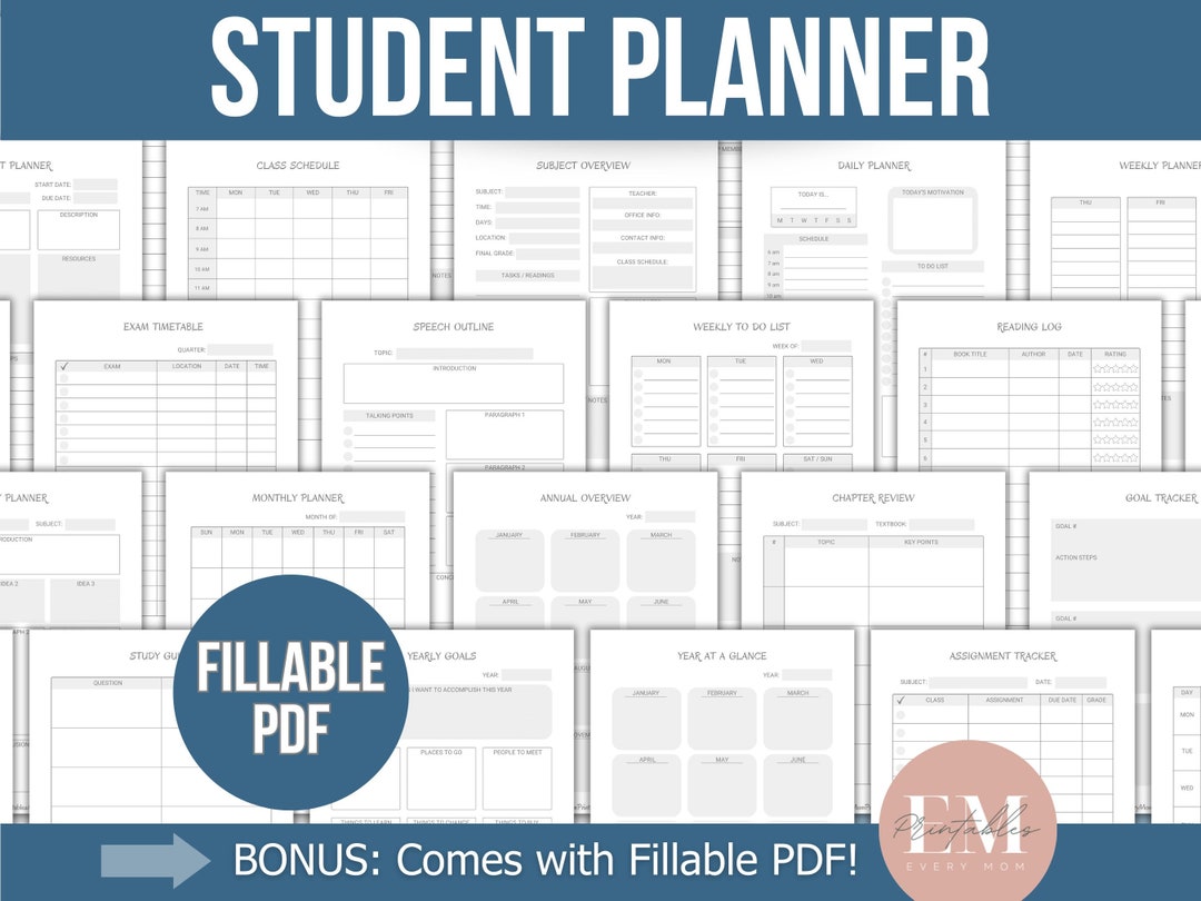 Fillable Academic Planner Printable: Student Organizer, Study Calendar ...