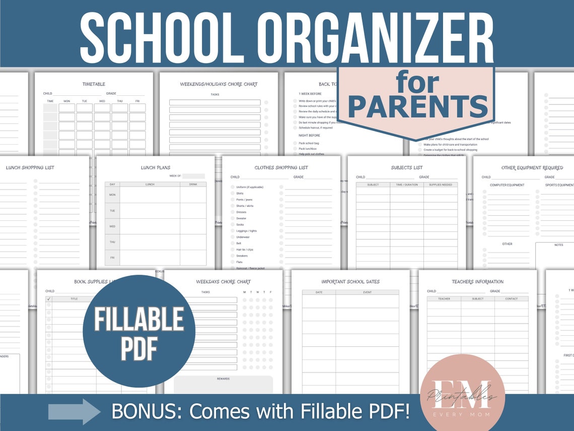 School Organizer for Parents W/ Fillable PDF Back to School School ...