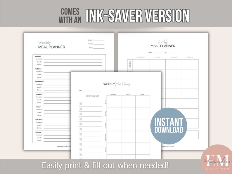 Weekly Meal Planner Printable ~ Weekly Menu ~ Meal Tracker ~ Meal ...