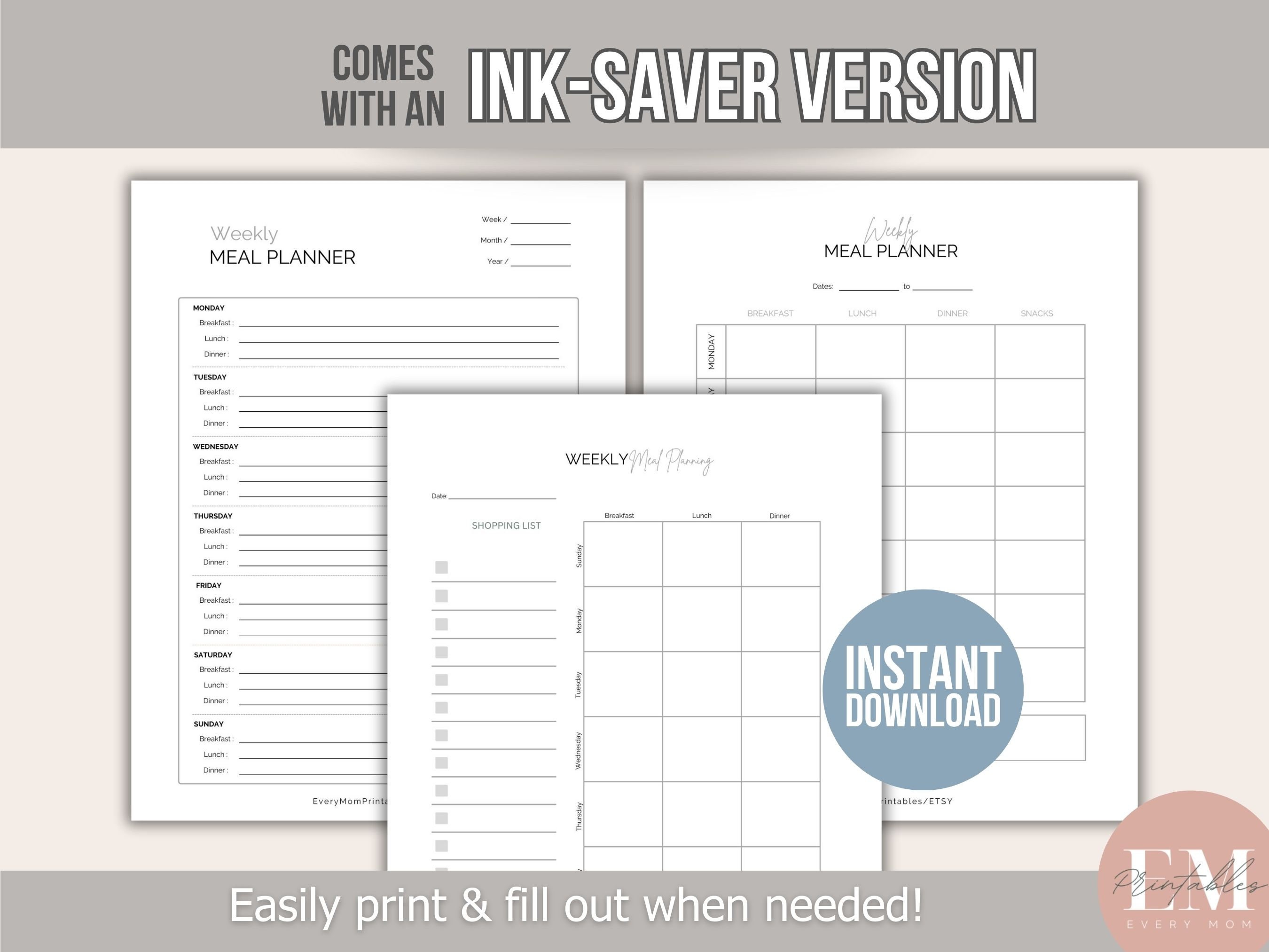 Weekly Meal Planner Printable: Menu Tracker, Grocery List (PDF) - Etsy