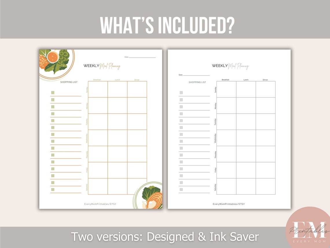 Weekly Meal Planner Printable: Menu Tracker, Grocery List (PDF) - Etsy