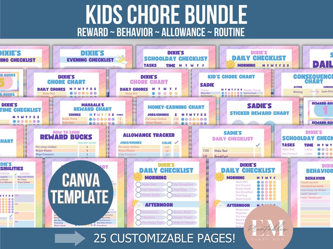Editable Kids Chore Charts, Behavior, School Routine, Daily Checklist ...
