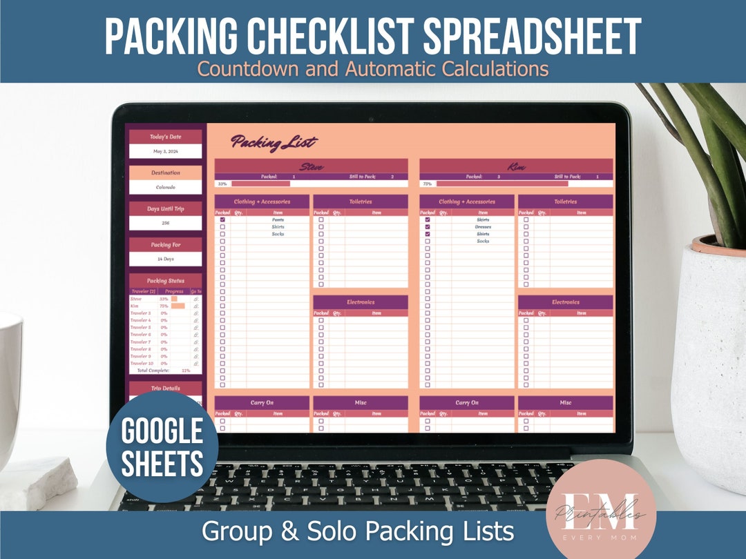 Packing Google Sheet, Google Sheets Packing Checklist Spreadsheet ...