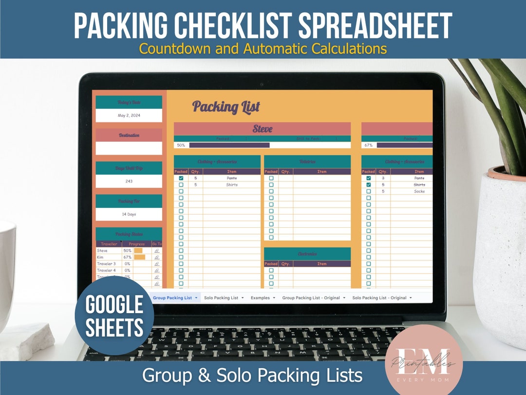 Packing Checklist Spreadsheet: Google Sheets Travel List (digital ...