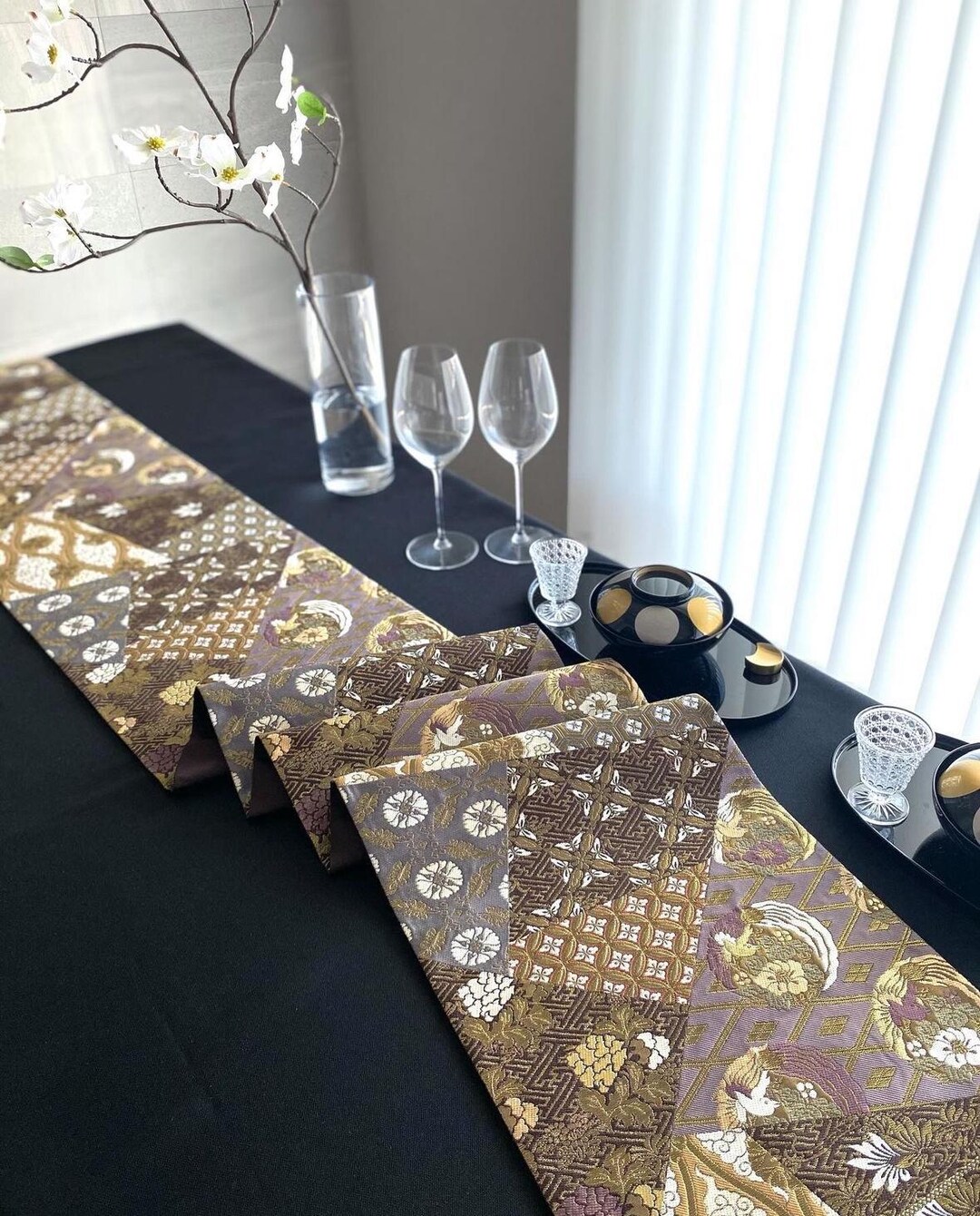 Birds, Gold, Custom Japanese Silk Table Runner,japanese Obi Runner(one ...